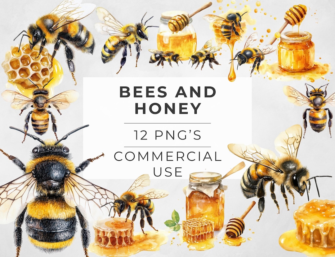 Bees and Honey Clipart, Watercolor Beehive, Spring, Jar, Honeycomb ...