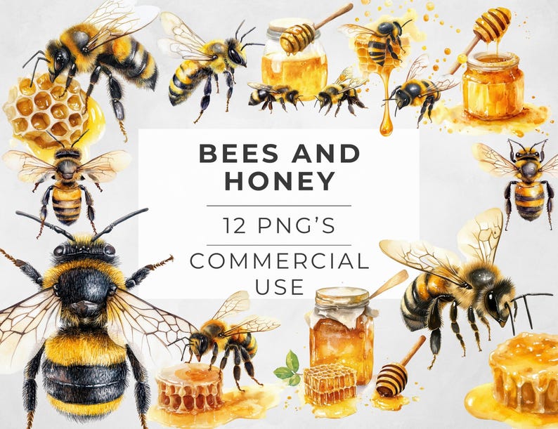 Bees and Honey Clipart, Watercolor Beehive, Spring, Jar, Honeycomb ...