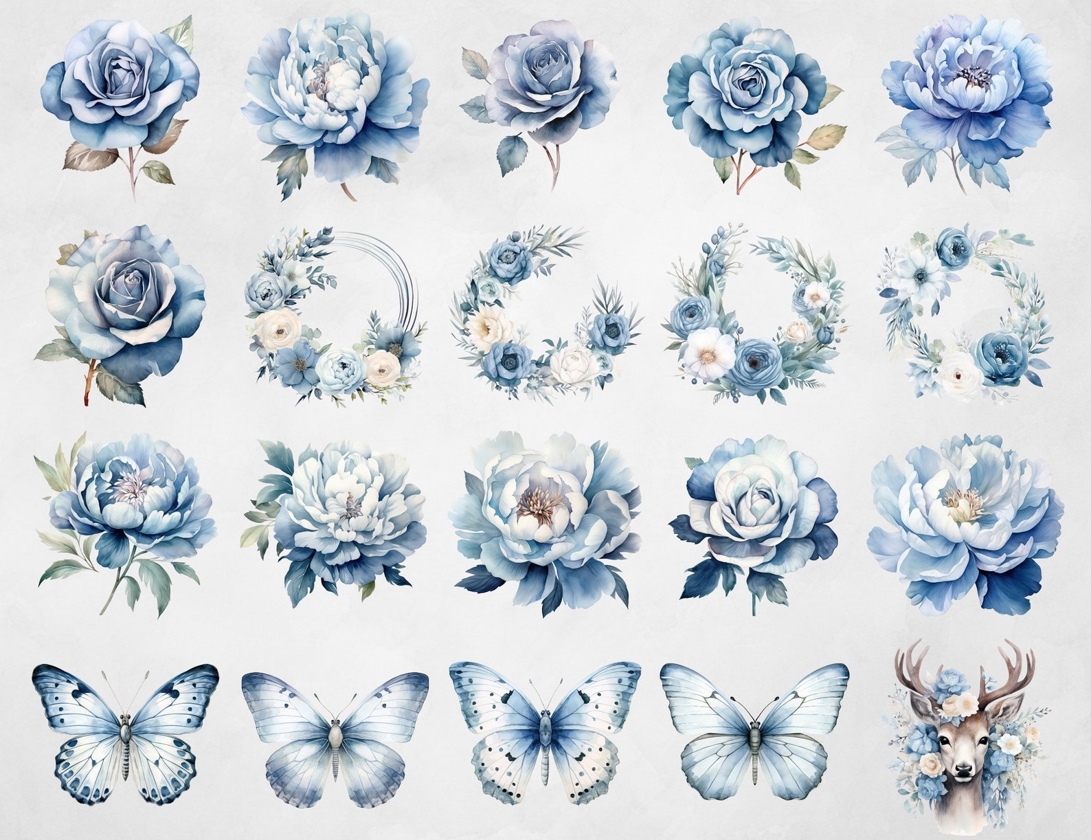 Dusty Blue Roses and Peonies, White Floral Clipart, Watercolor Flowers ...