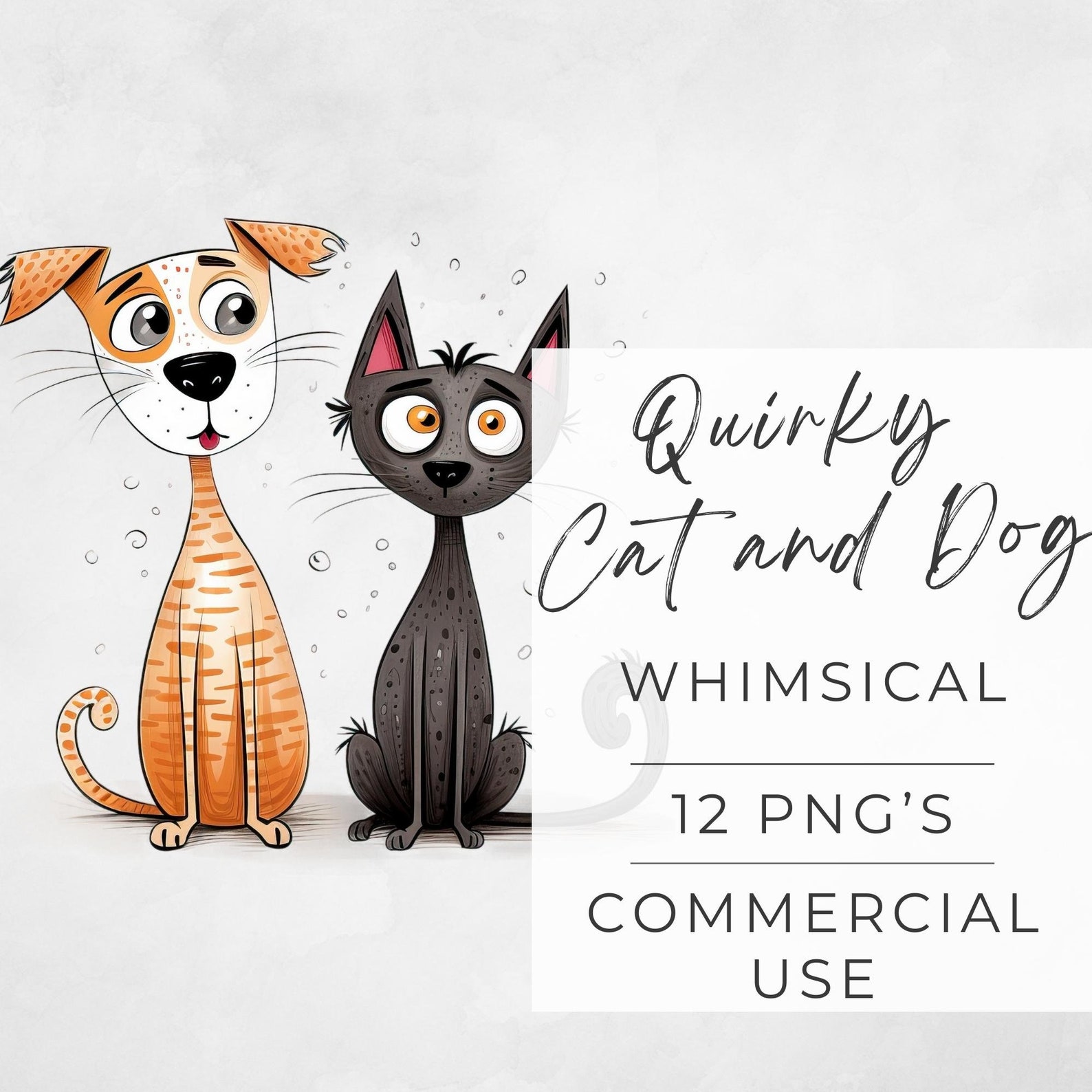 Quirky Cat and Dog Clipart, Whimsical Weird Pets, Scrapbook Ephemera ...