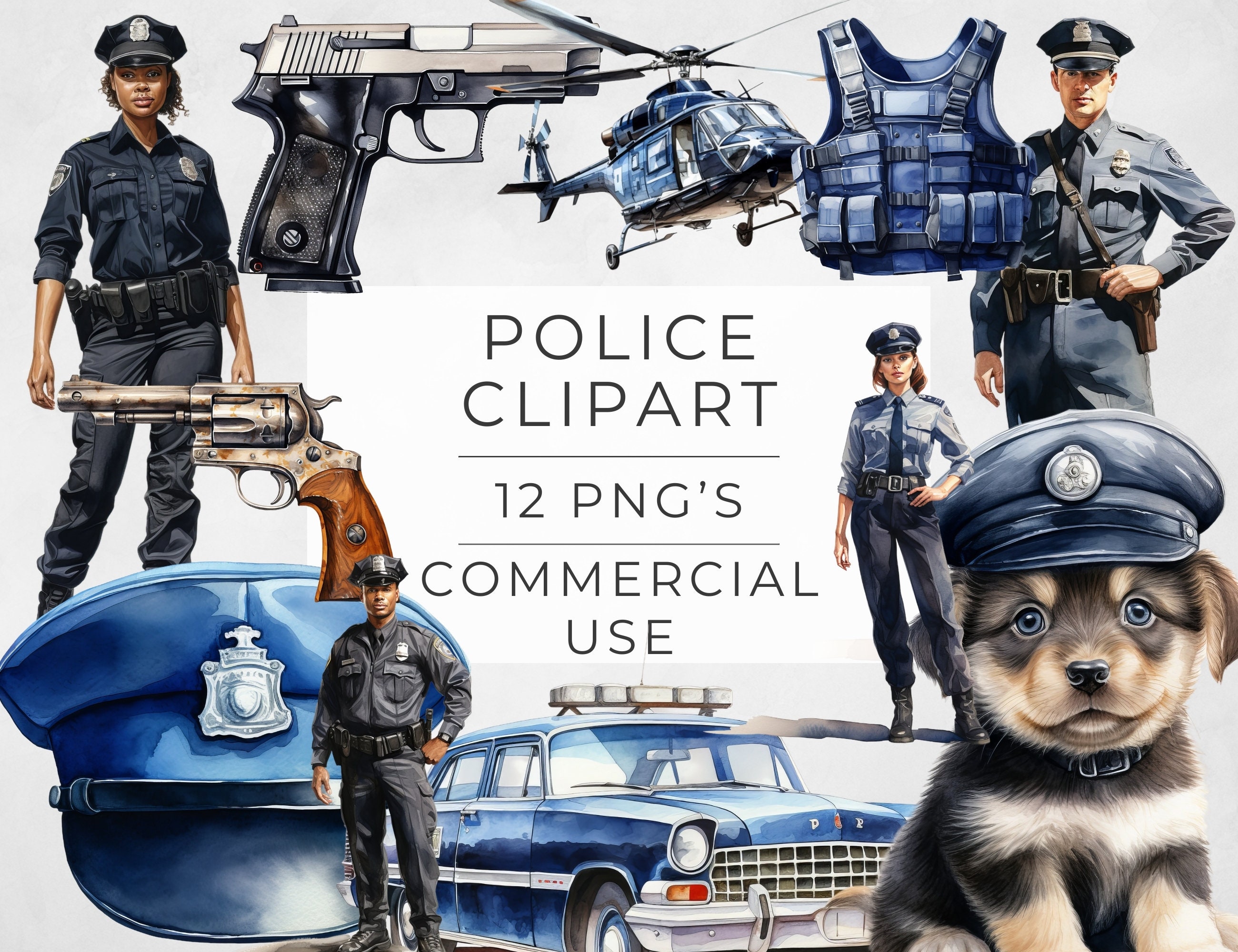 Police Watercolor Clipart, Policeman Policewoman Images, Dog, Cat ...