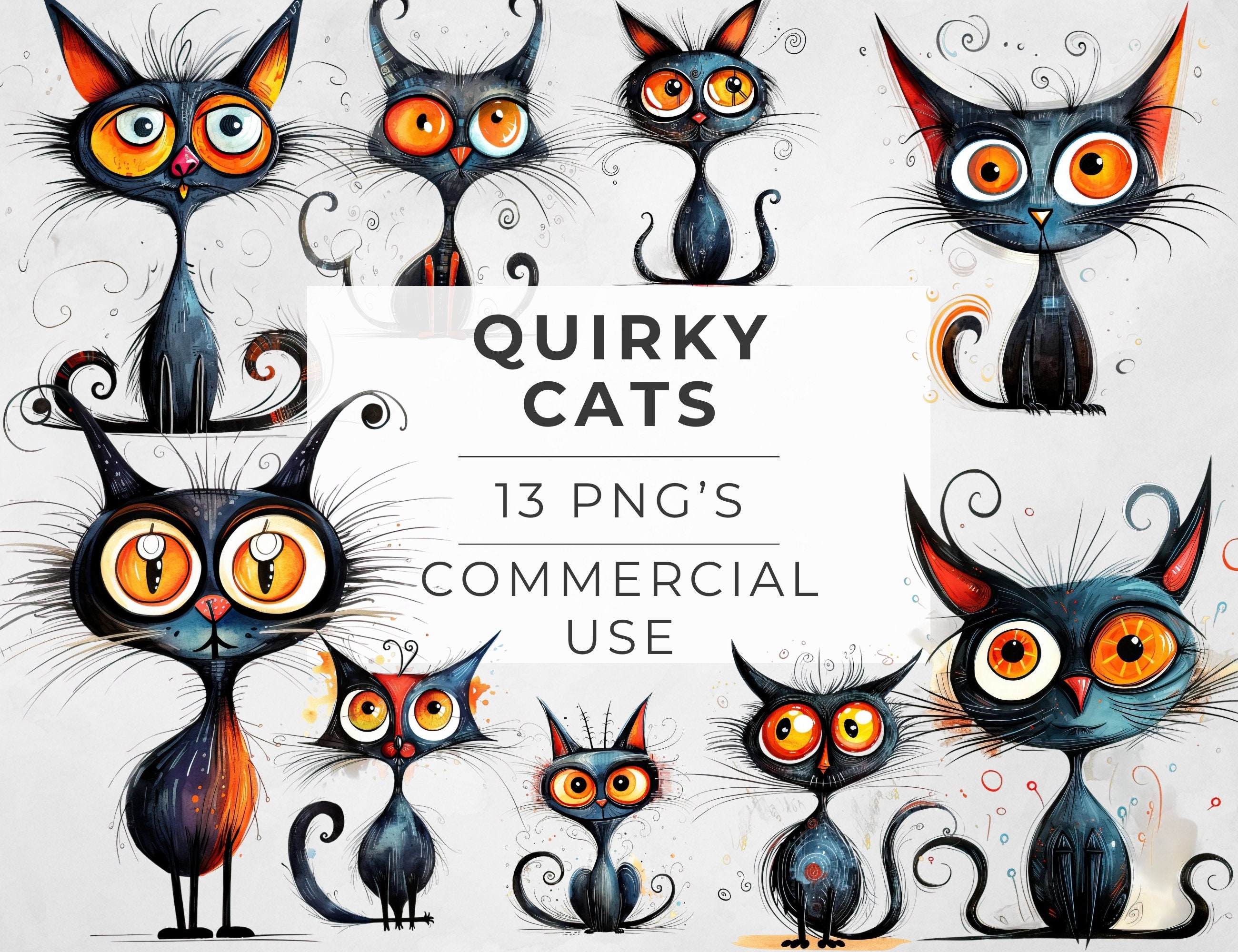 Quirky Cat Clipart, Cute Animals, Scrapbook, Watercolor, Junk Journal ...