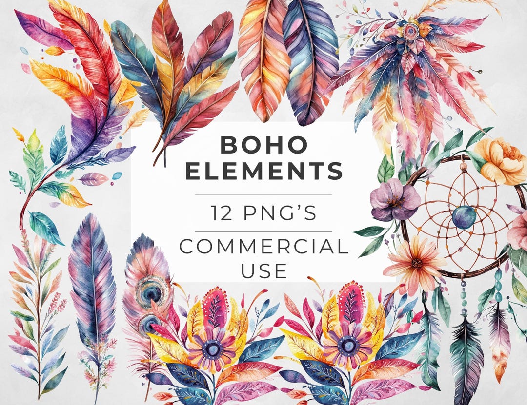 Boho Style Elements Clipart, Watercolor Bohemian Feather, Dream Catcher ...