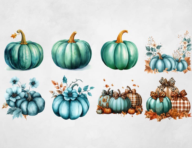 Teal Pumpkin Clipart: Watercolor Fall Harvest PNG (digital Download) - Etsy