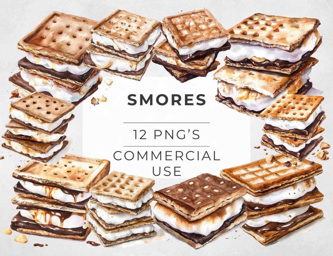 Campfire Smores Clipart, Watercolor Biscuits and Marshmallows, Toasted ...