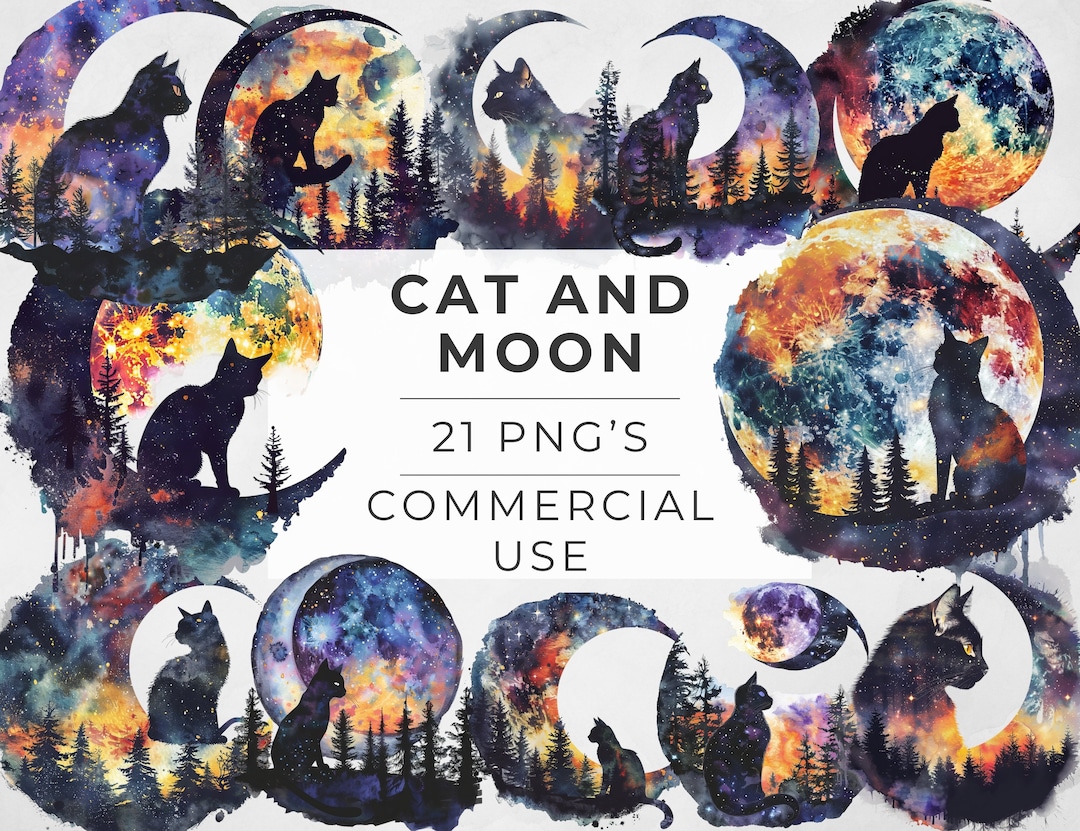 Cat and Moon Clipart, Stars, Night Sky, Celestial, Magic, Witchy ...