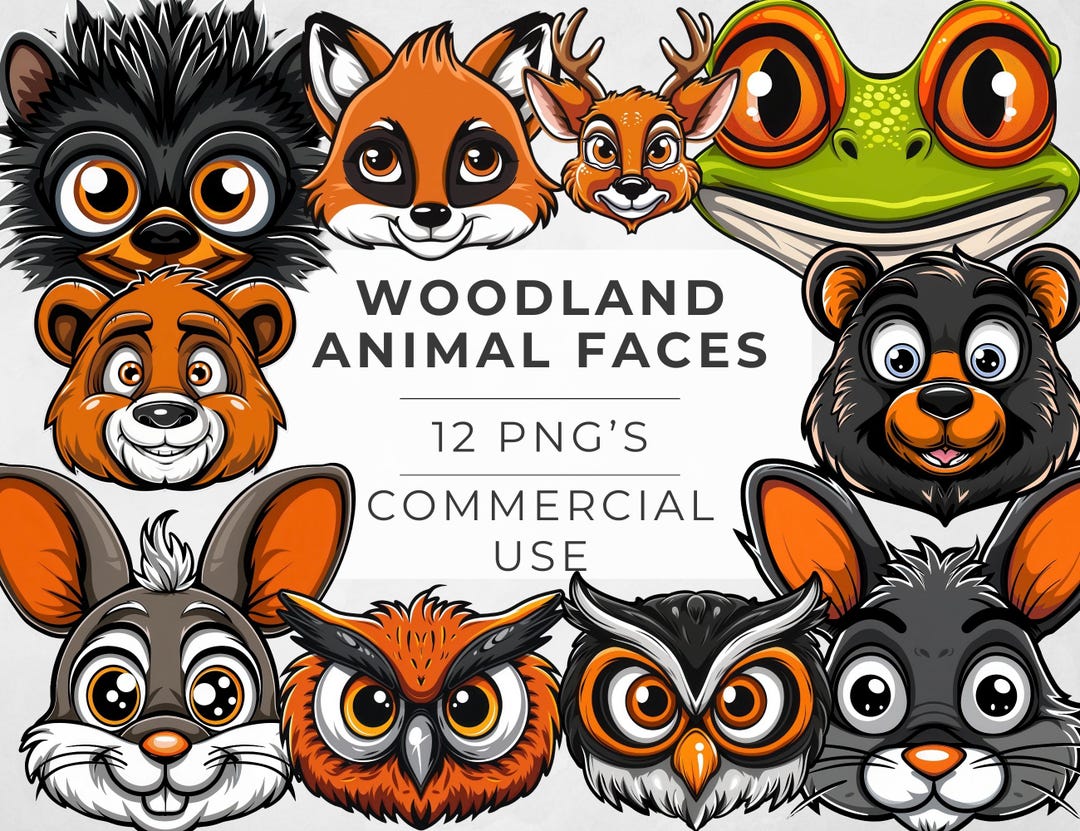 Woodland Animal Faces Clipart, Forest Animal, Cute Fox, Deer, Hedgehog ...