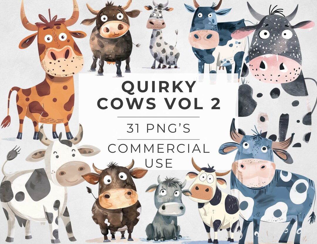 Quirky Cows Clipart: Watercolor Farm Animals PNG (digital Download) - Etsy
