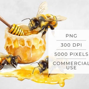 Bees and Honey Clipart, Watercolor Beehive, Spring, Jar, Honeycomb ...
