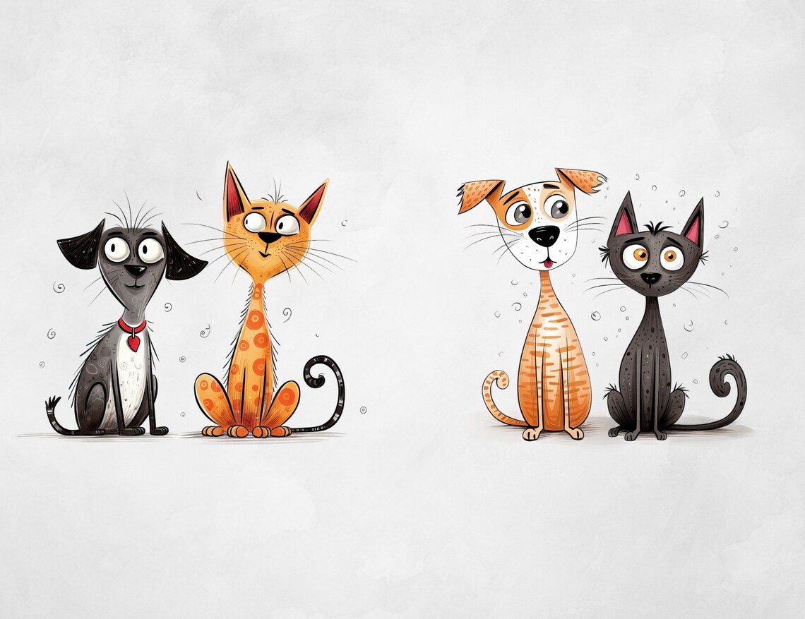 Quirky Cat and Dog Watercolor Clipart: Whimsical Pet PNG Bundle - Etsy