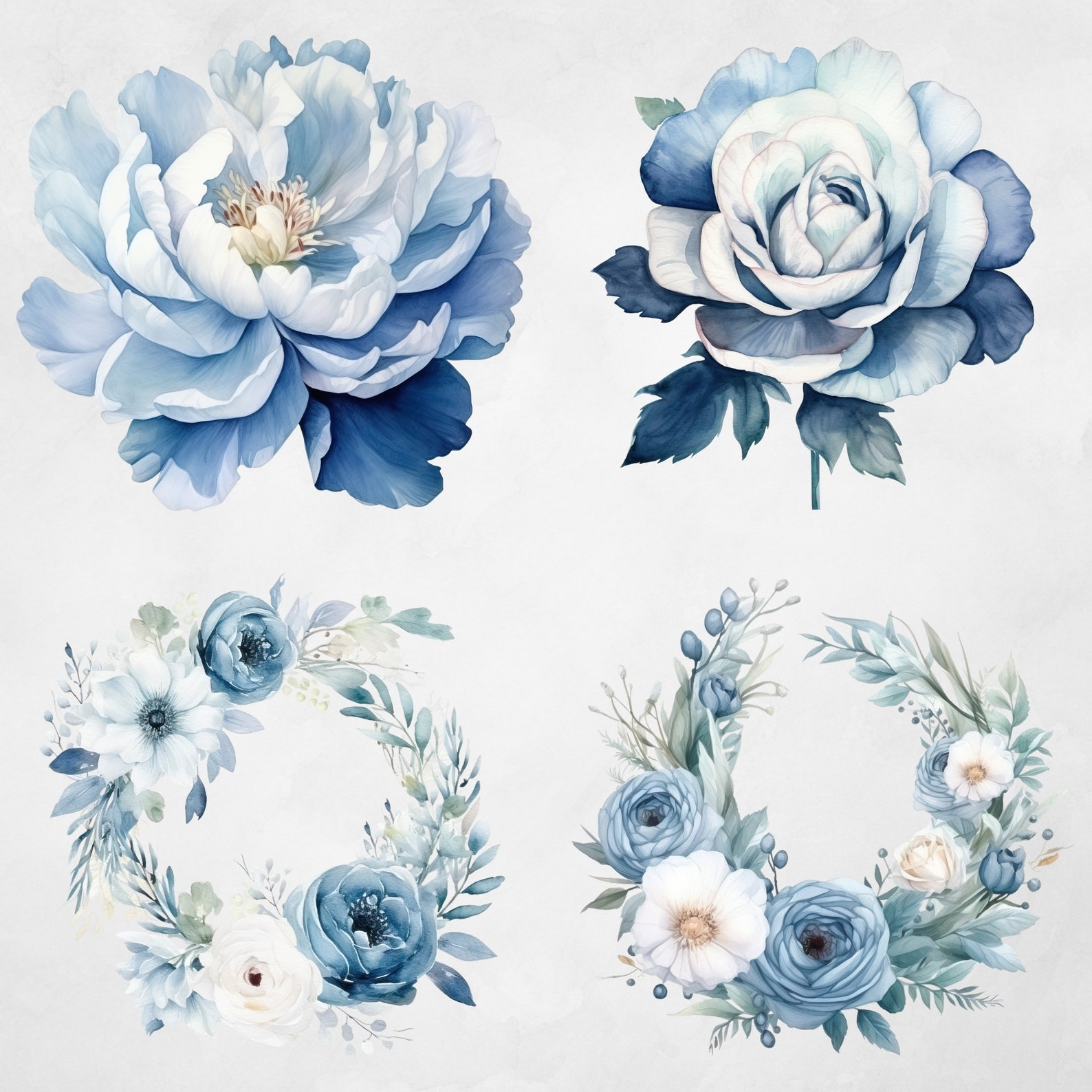 Dusty Blue Roses and Peonies, White Floral Clipart, Watercolor Flowers ...