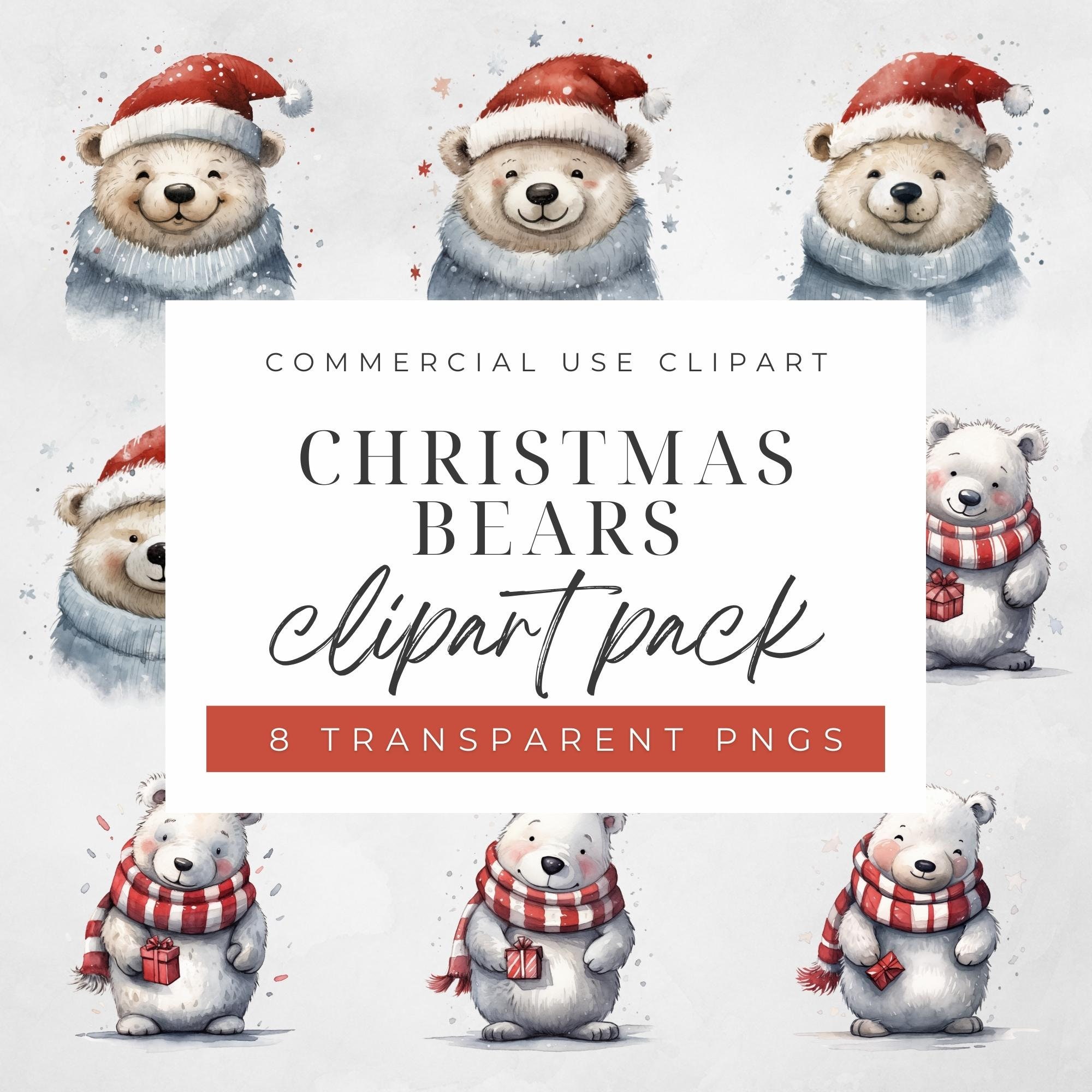 Christmas Bears Clipart, Watercolor, Commercial Use, Transparent PNG ...