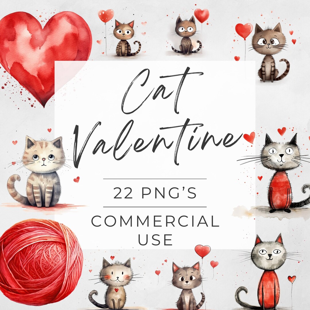 Whimsical Valentine Cat Clipart, Valentines Day, Transparent PNG, Happy ...