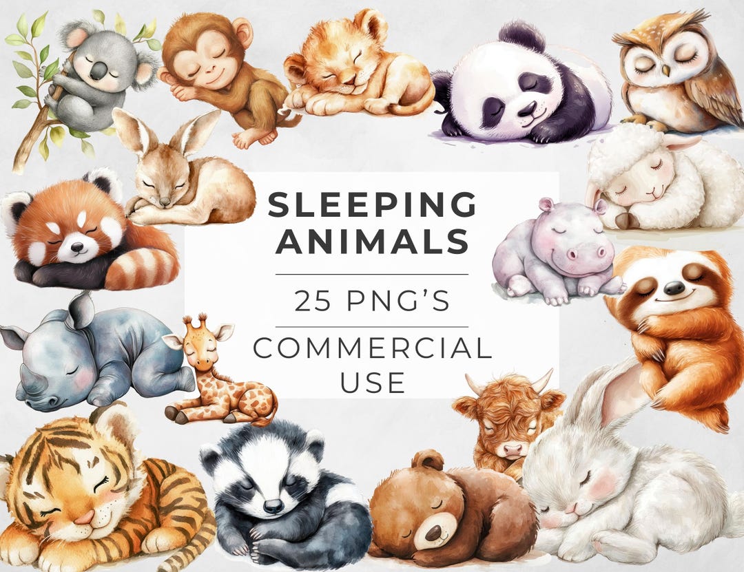 Watercolor Sleeping Animals Clipart: Neutral Nursery PNG (digital ...