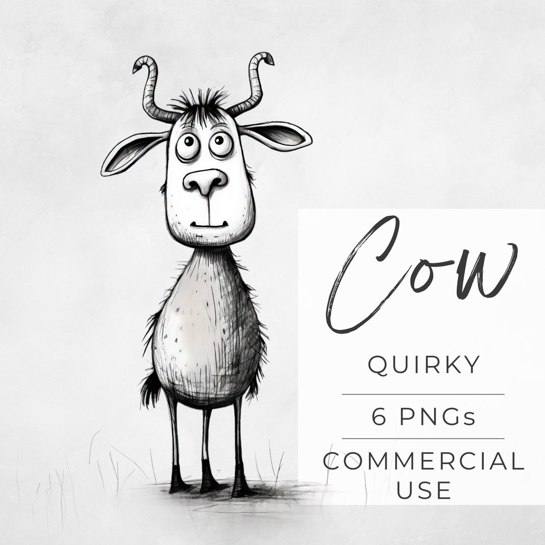 Quirky Cow Clipart, Bovine, Black Line, Scrapbook, Junk Journal ...