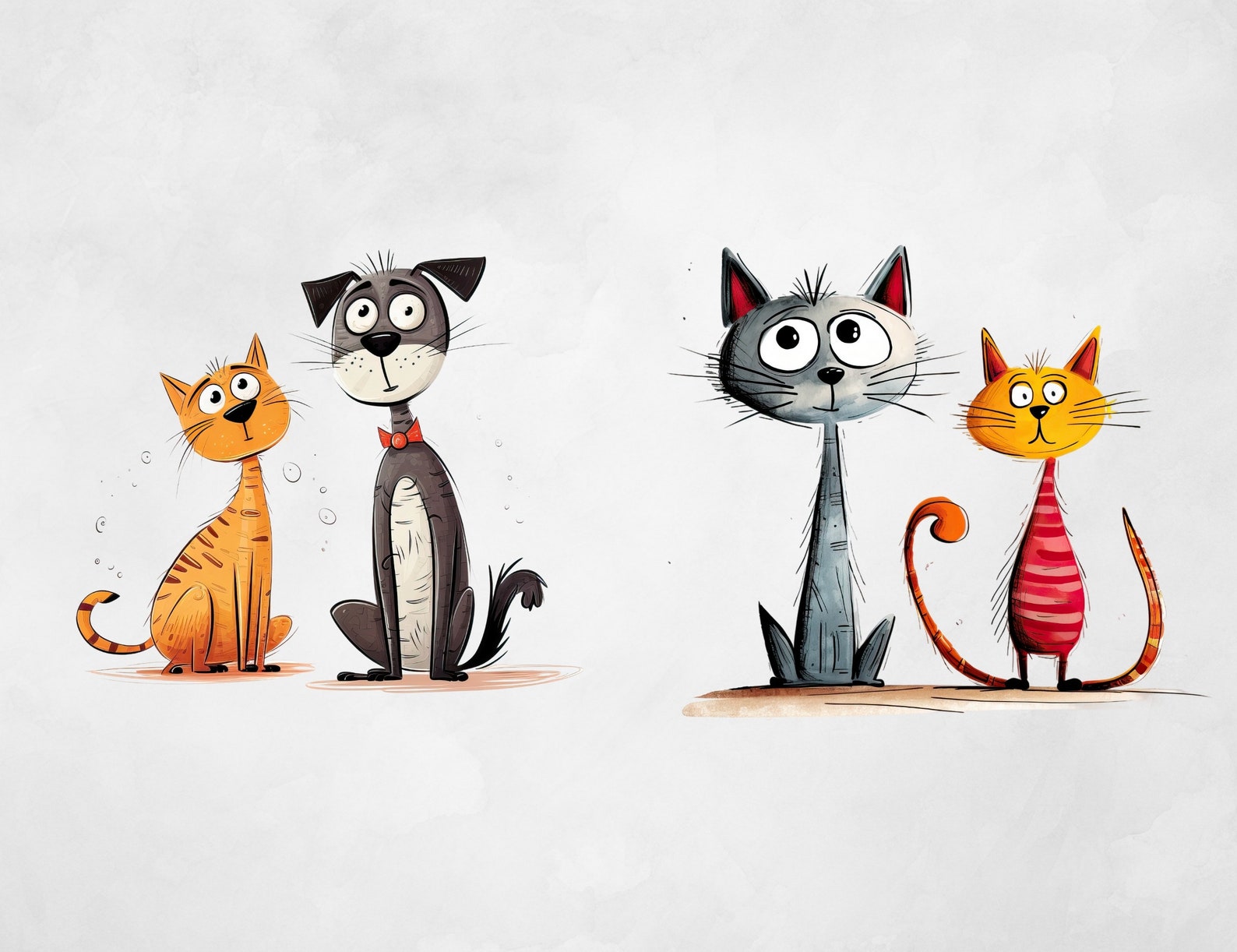 Quirky Cat and Dog Clipart, Whimsical Weird Pets, Scrapbook Ephemera ...