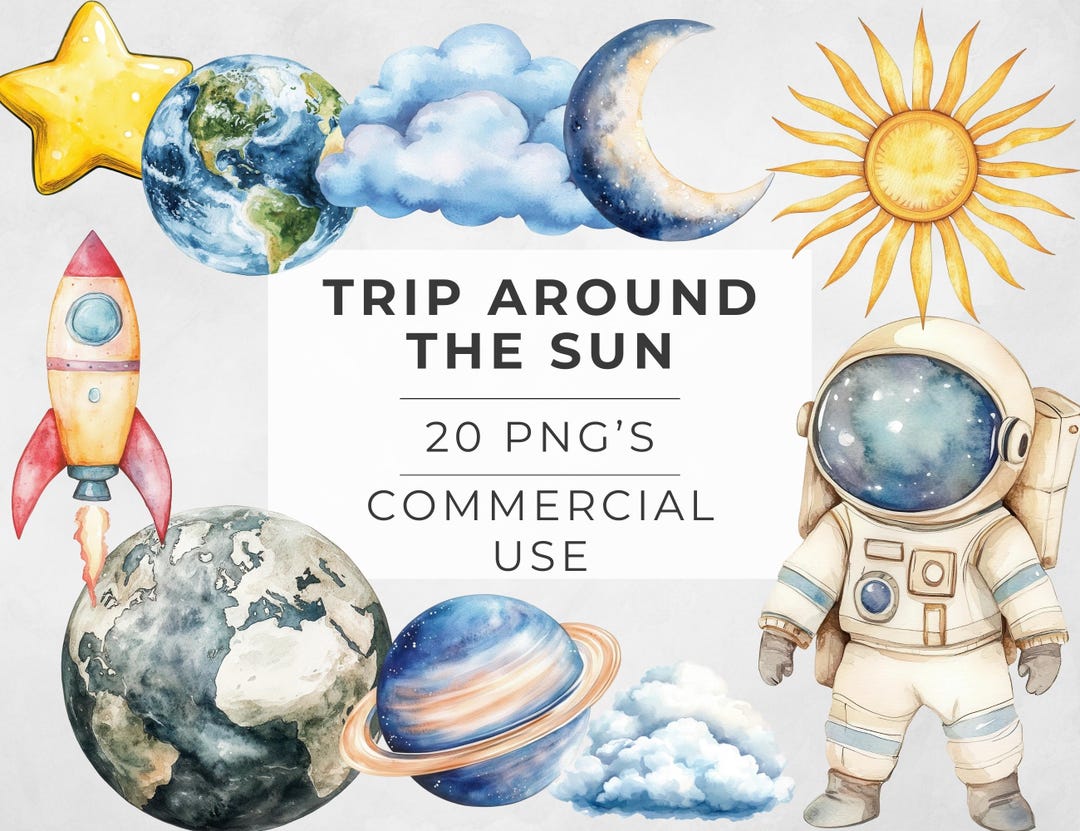 Trip Around the Sun Clipart: Watercolor Birthday PNG (commercial Use ...