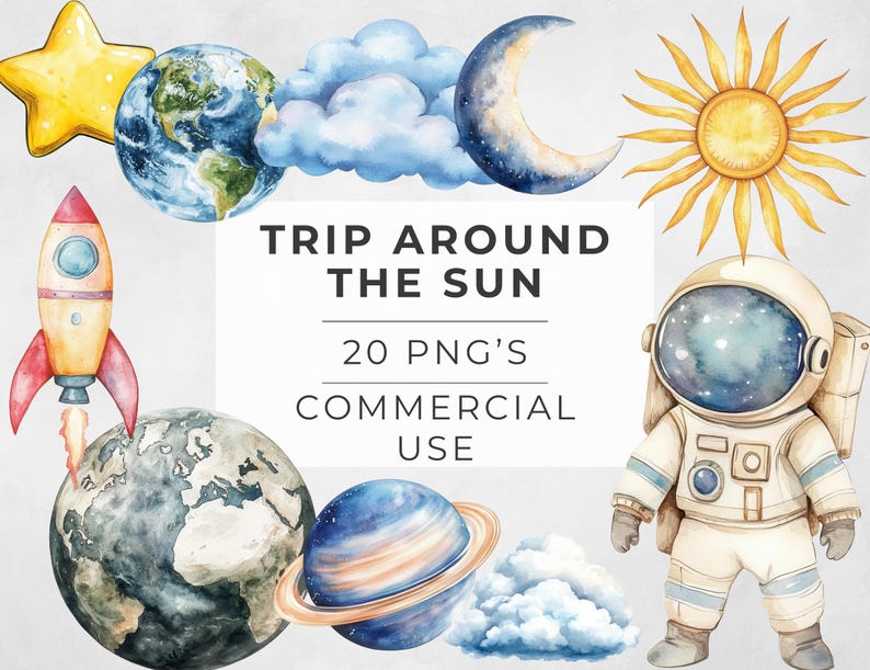 Trip Around the Sun Clipart: Watercolor Birthday PNG (commercial Use ...