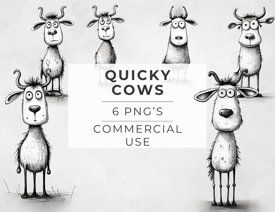 Quirky Cow Clipart, Bovine, Black Line, Scrapbook, Junk Journal ...