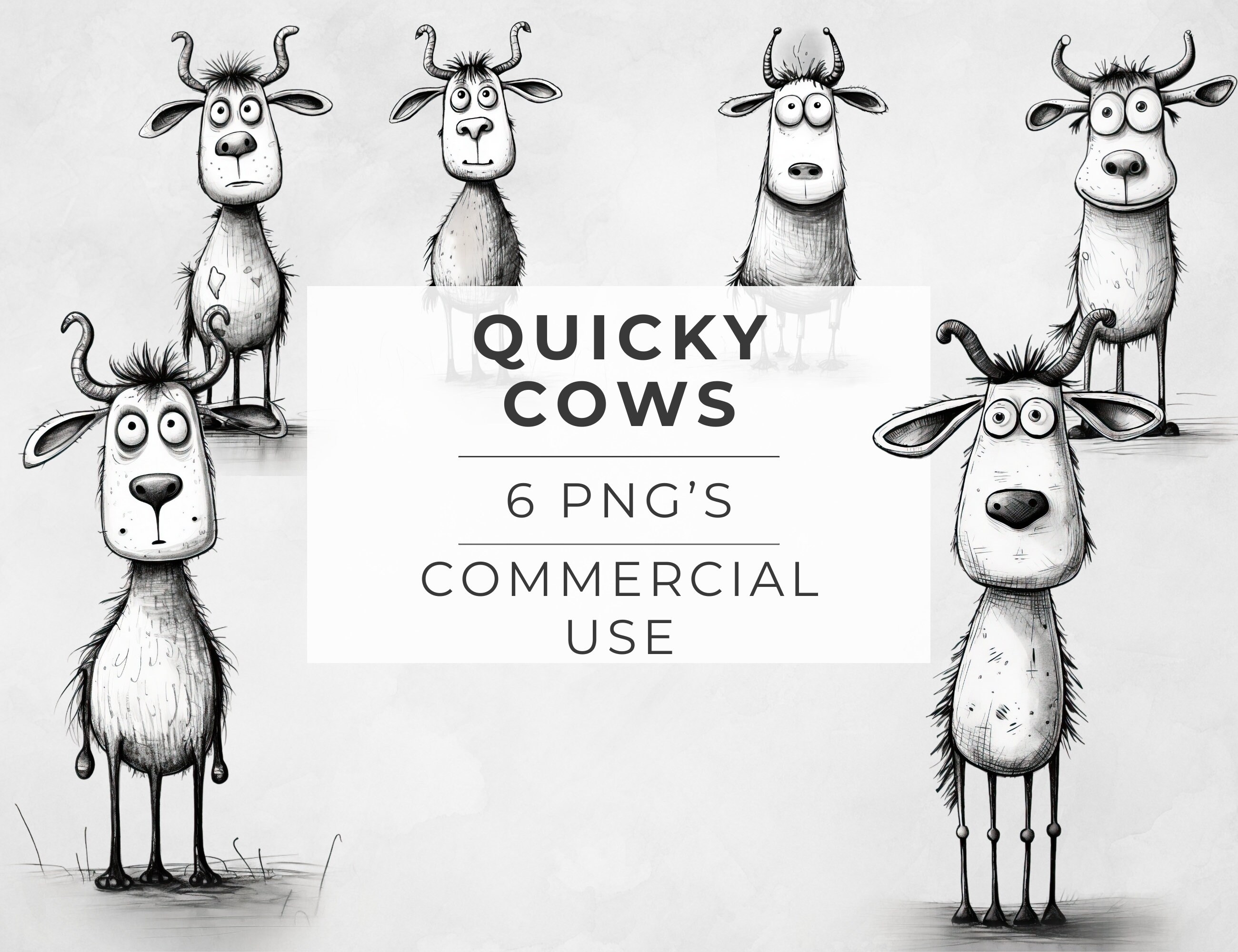 Quirky Cow Clipart, Bovine, Black Line, Scrapbook, Junk Journal ...