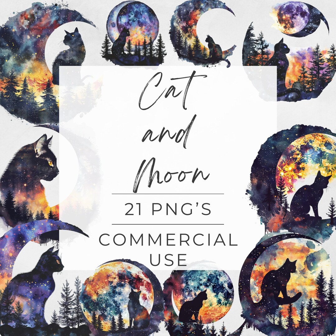 Cat and Moon Clipart, Stars, Night Sky, Celestial, Magic, Witchy ...