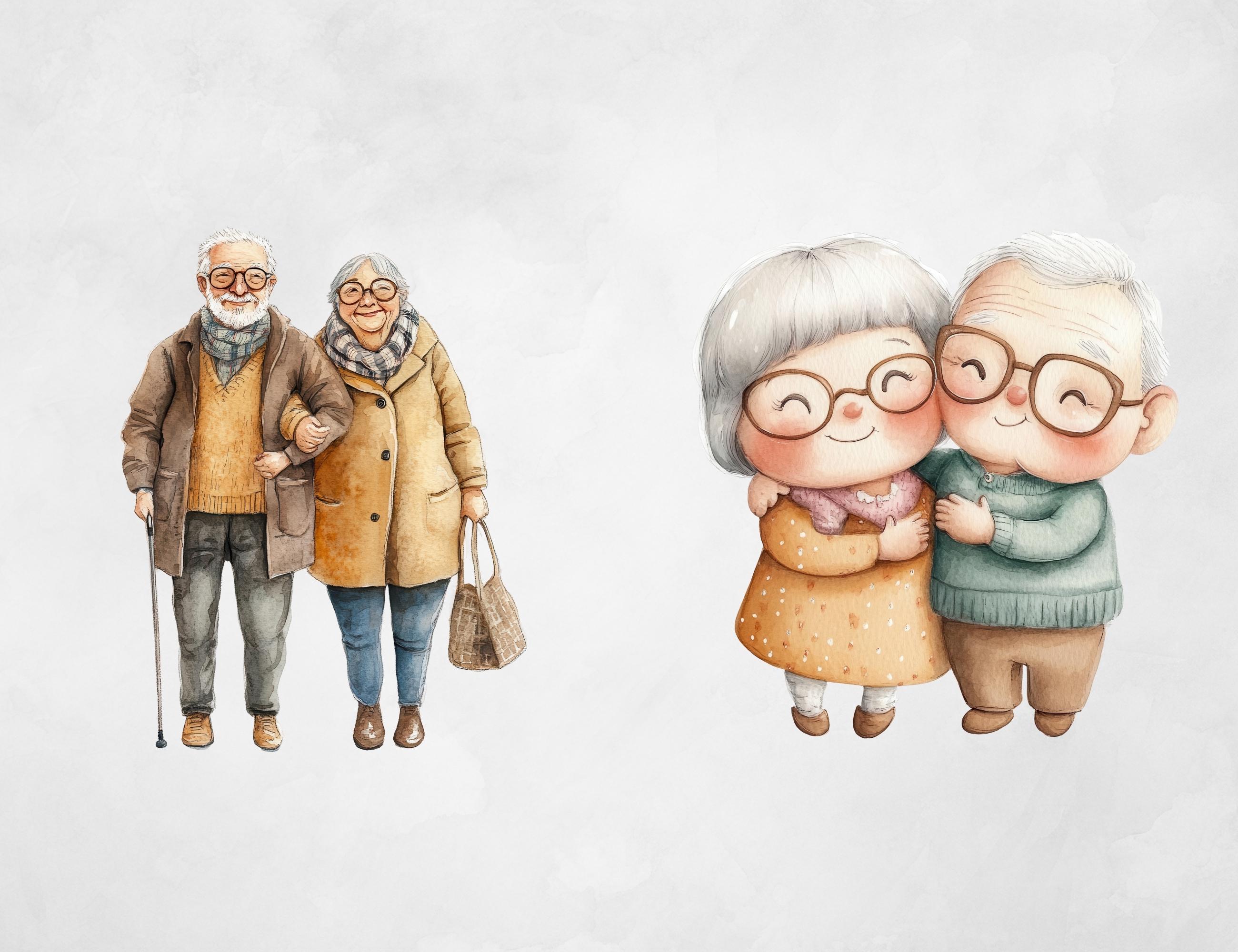 Happy Grandparents Day Clipart, Watercolor Grandpa and Grandma, Elderly ...