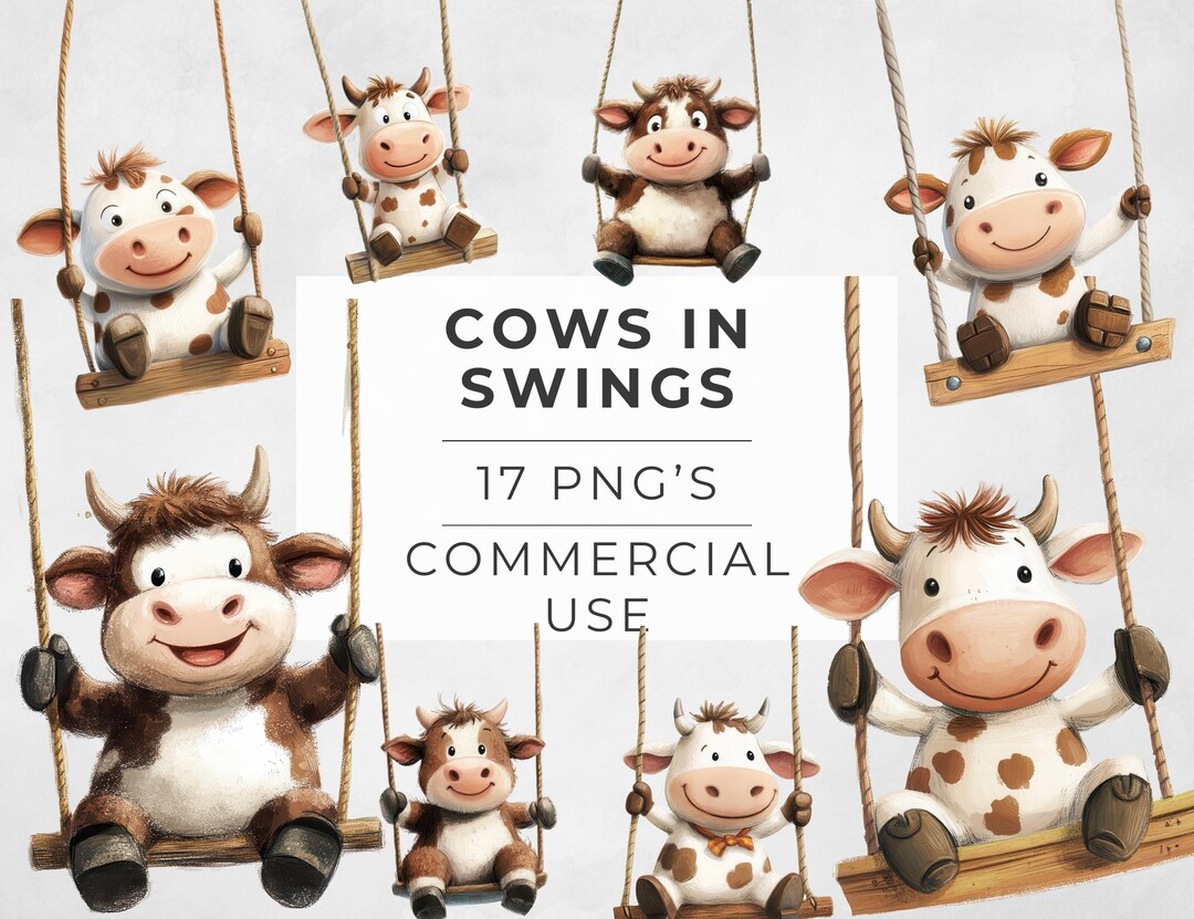 Cow in Swing Clipart, Watercolor Cute Cows, Bovine Lover, Cute Animal ...