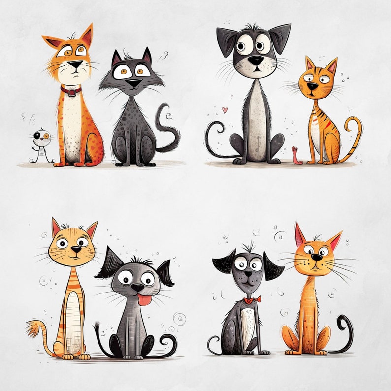 Quirky Cat and Dog Clipart, Whimsical Weird Pets, Scrapbook Ephemera ...