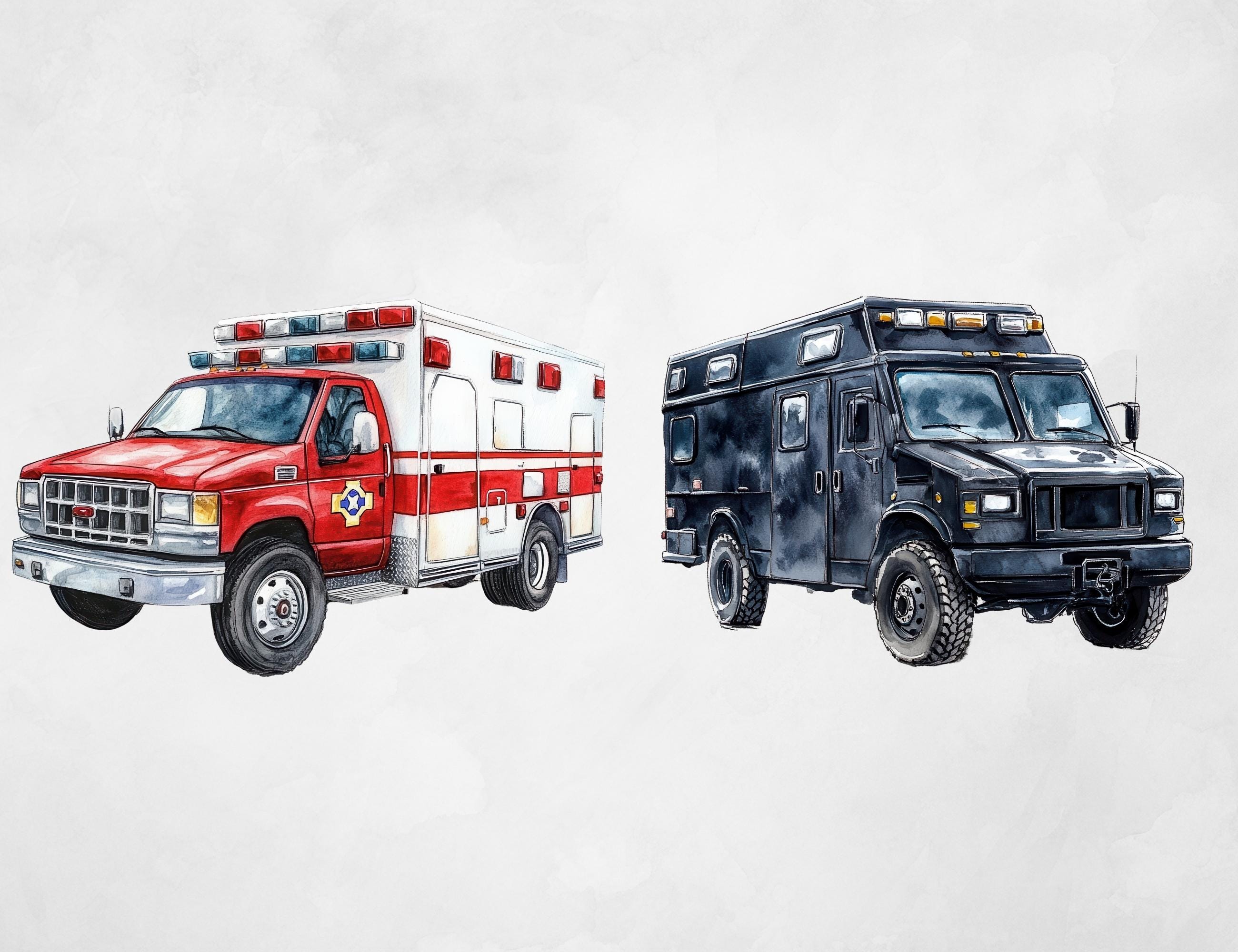 Emergency Vehicle Clipart, Watercolor Ambulance, Police Car, Firetruck ...