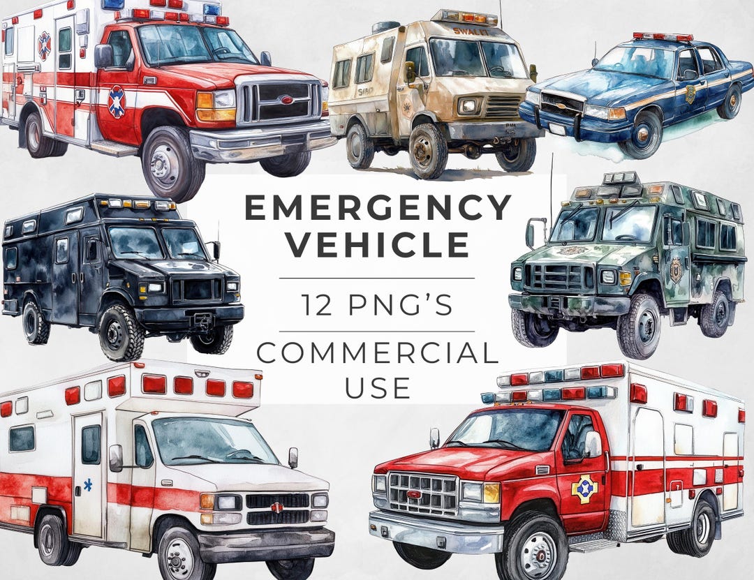 Emergency Vehicle Clipart, Watercolor Ambulance, Police Car, Firetruck ...