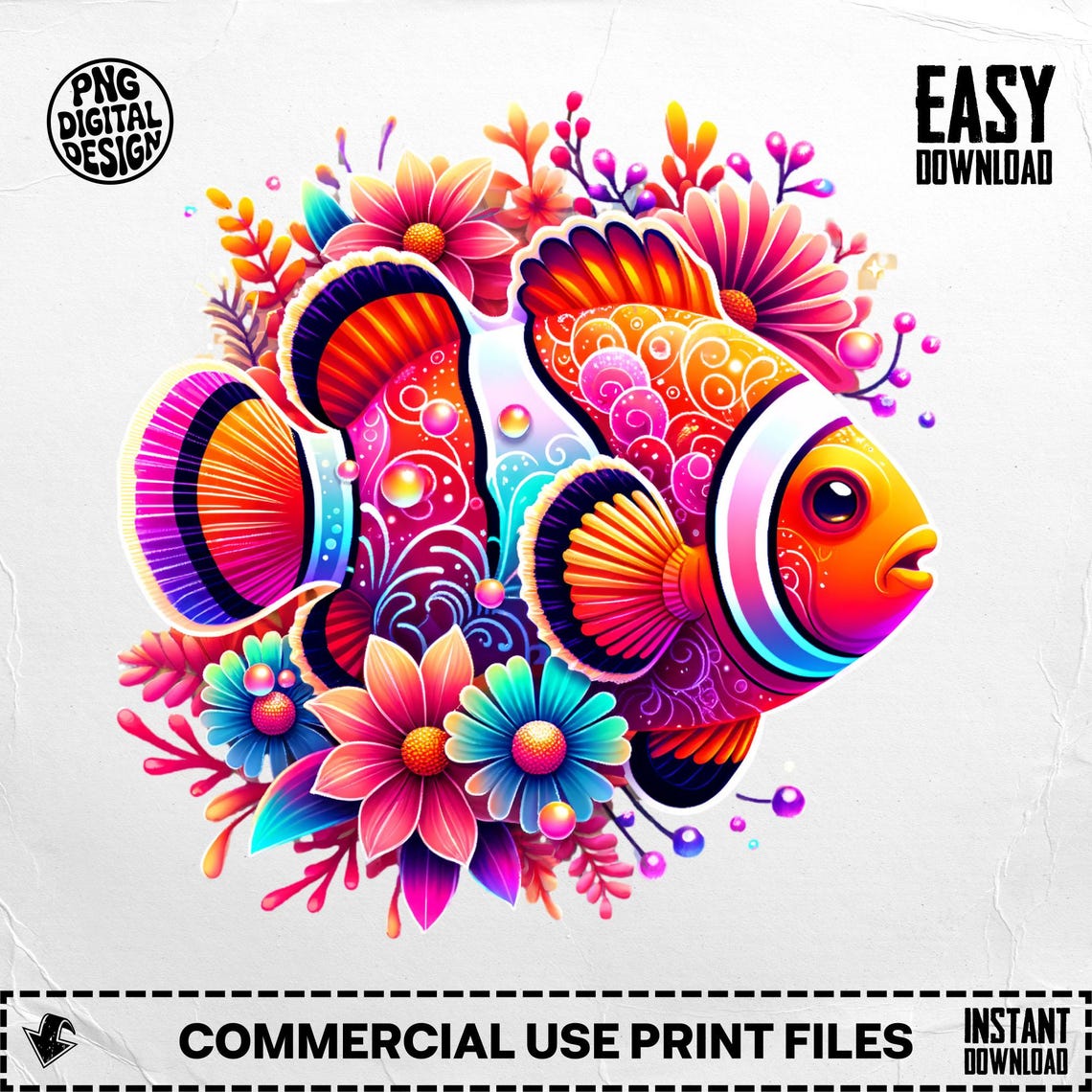 Floral Clownfish PNG: Boho Ocean Clipart (digital Download, 4096x4096px ...