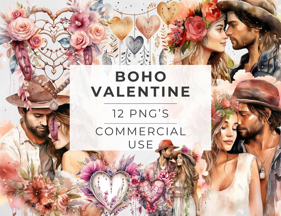 Boho Valentines Clipart, Valentines Day Png, Watercolor, Whimsical ...