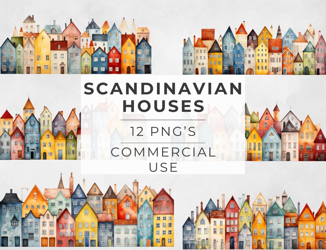 Scandinavian Winter Houses, Quirky Clipart, Watercolor, Commercial Use ...
