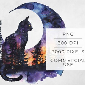 Cat and Moon Clipart, Stars, Night Sky, Celestial, Magic, Witchy ...