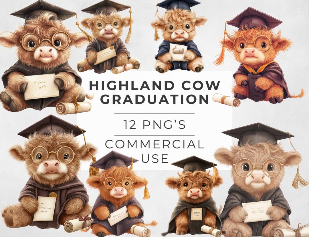 Highland Cow Graduation Clipart, Cute Cow PNG for Sublimation ...