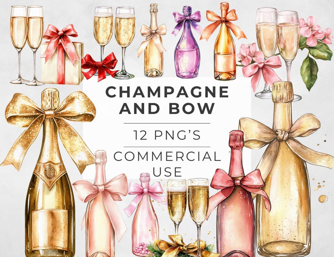 Champagne and Bow Clipart, Watercolor Wedding Bubbly, Celebration ...
