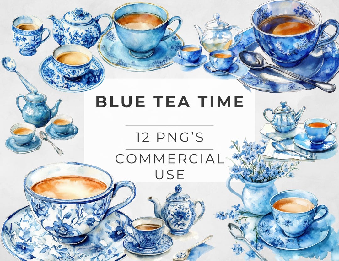 Blue Tea Time Clipart, Watercolor Tea Party, Invitation Images, Tea Set ...