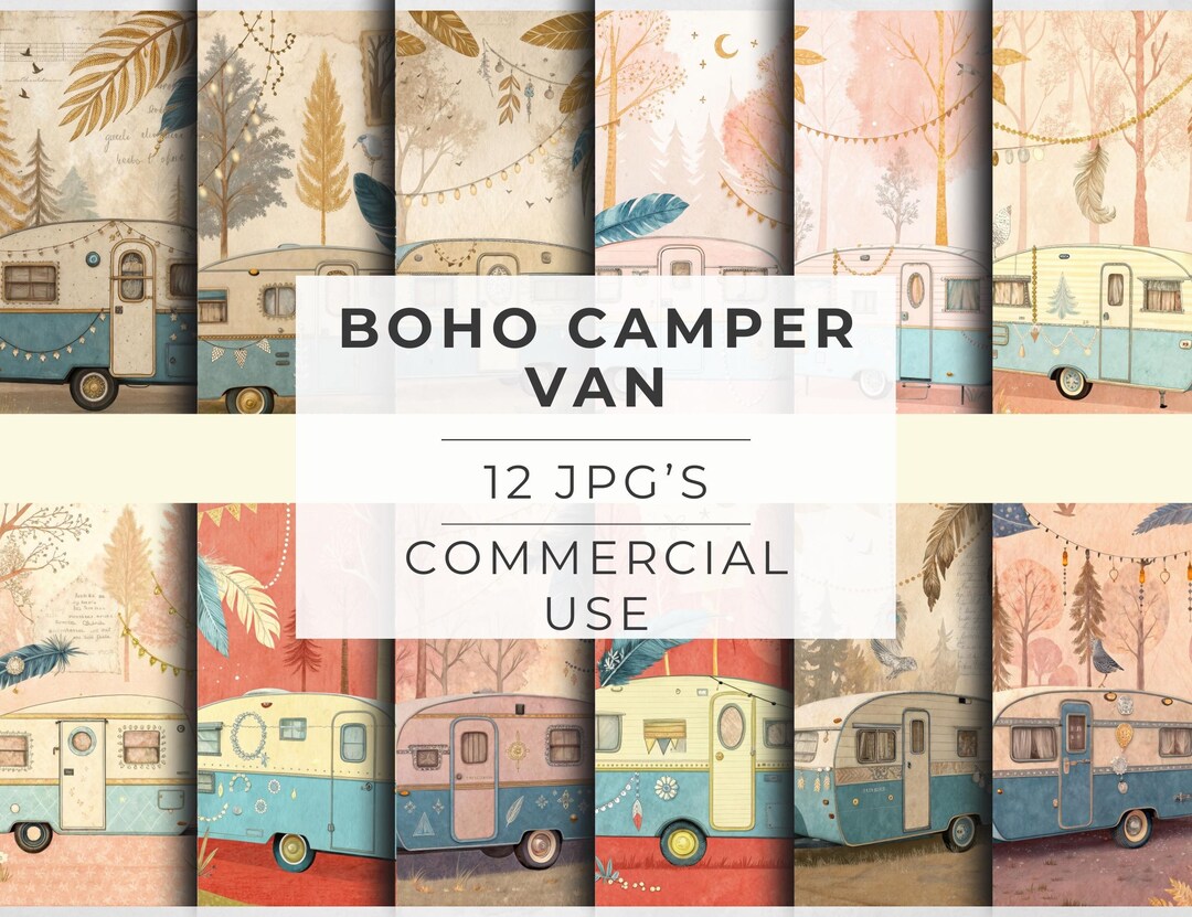 Boho Camper Van Clipart Bundle, Vintage Travel Trailer JPG, Rustic ...