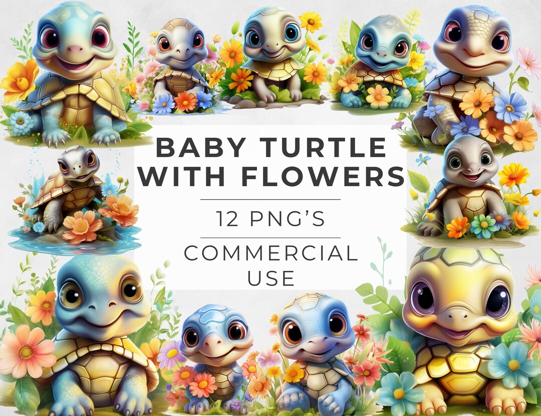 Baby Turtle With Flowers Clipart, Watercolor Baby Ocean Animal, Cute ...