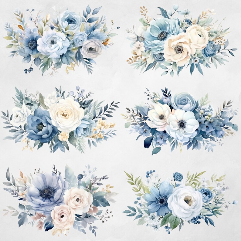 Dusty Blue Roses and Peonies, White Floral Clipart, Watercolor Flowers ...