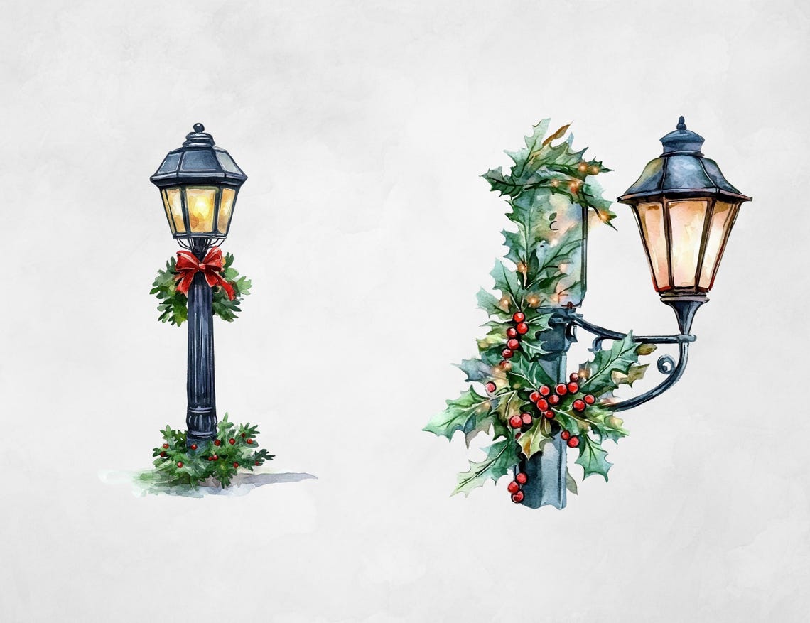 Christmas Lamp Post Clipart: Watercolor Lantern PNG (commercial Use) - Etsy