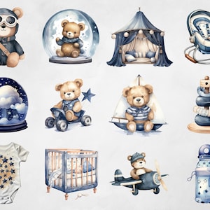Flying Bear Clipart, Watercolor Nursery Images, Teddy Bear, Navy, Blue ...