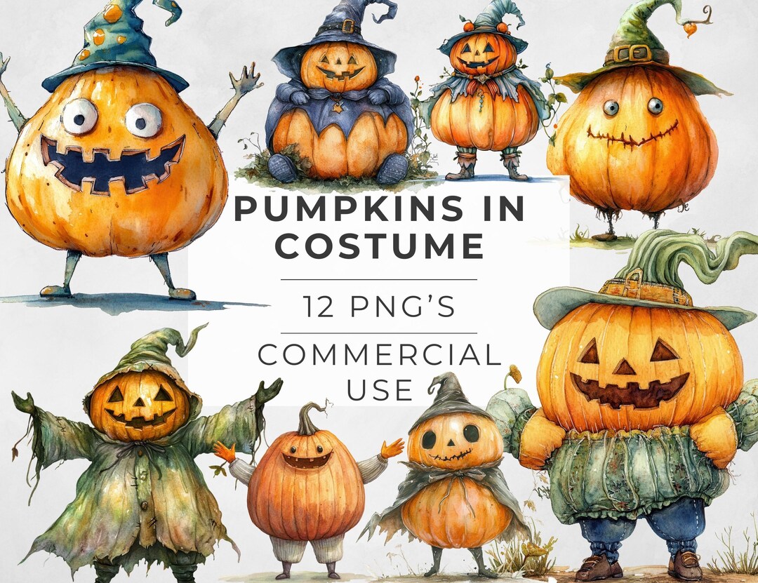 Pumpkin in Costume Clipart, Watercolor Halloween Transparent PNG ...