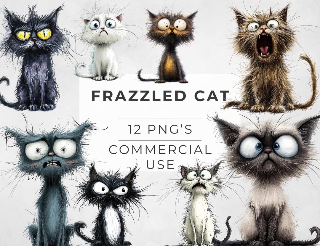 Frazzled Cat Clipart, Watercolor Funny Cat, Quirky Ephemera, Scrapbook ...