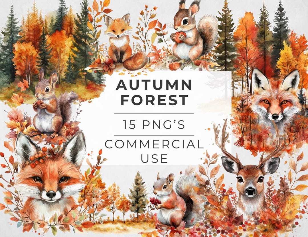 Autumn Forest Clipart, Watercolor Fall Animals, Fox, Squirrel, Trees ...