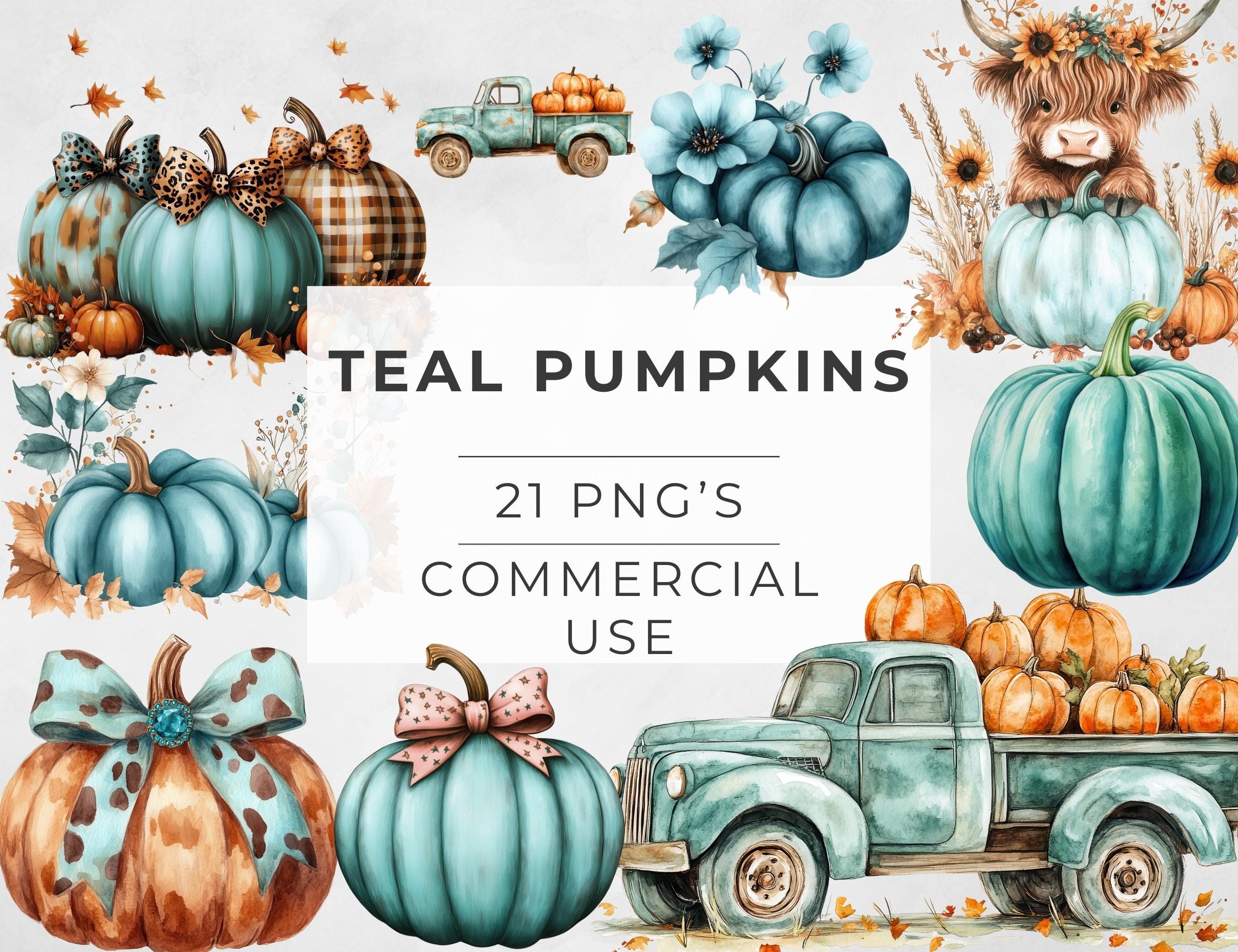 Teal Pumpkin Clipart: Watercolor Fall Harvest PNG (digital Download) - Etsy