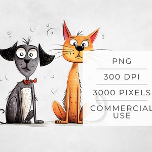 Quirky Cat and Dog Clipart, Whimsical Weird Pets, Scrapbook Ephemera ...