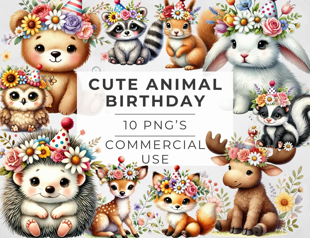 Woodland Animals Birthday Clipart: Watercolor PNG Set (digital Download ...