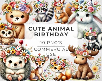 Woodland Animals Birthday Clipart: Watercolor PNG Set (digital Download ...