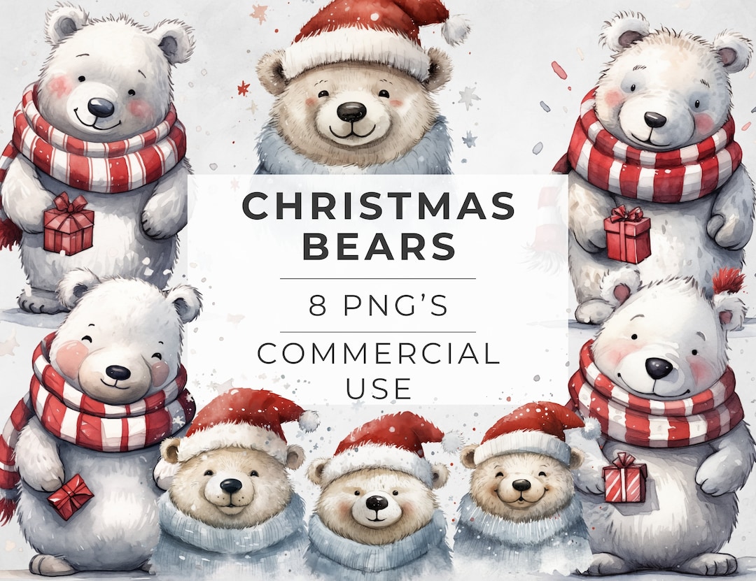 Christmas Bears Clipart, Watercolor, Commercial Use, Transparent PNG ...